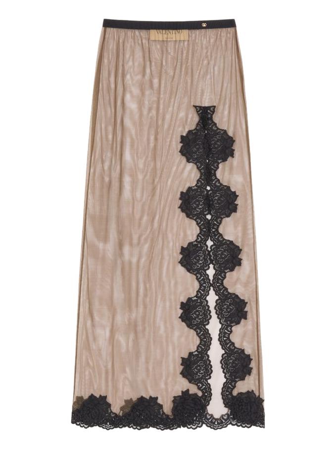 VALENTINO Valentino Long Sheer Tulle Skirt with Lace Hem
